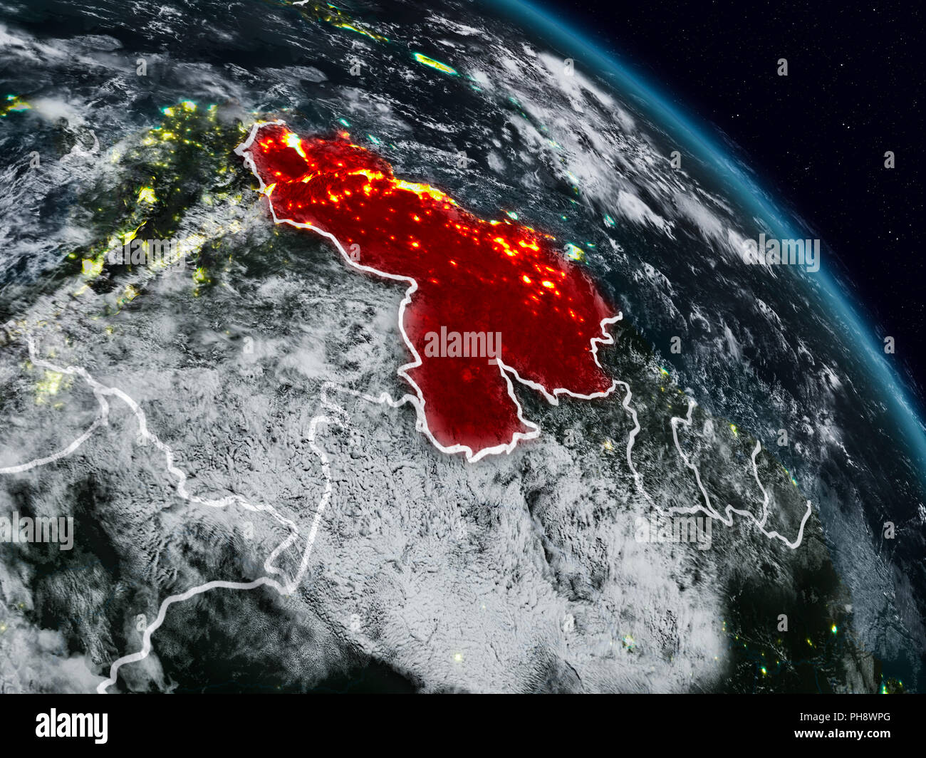 Venezuela from space at night with visible country borders. 3D ...