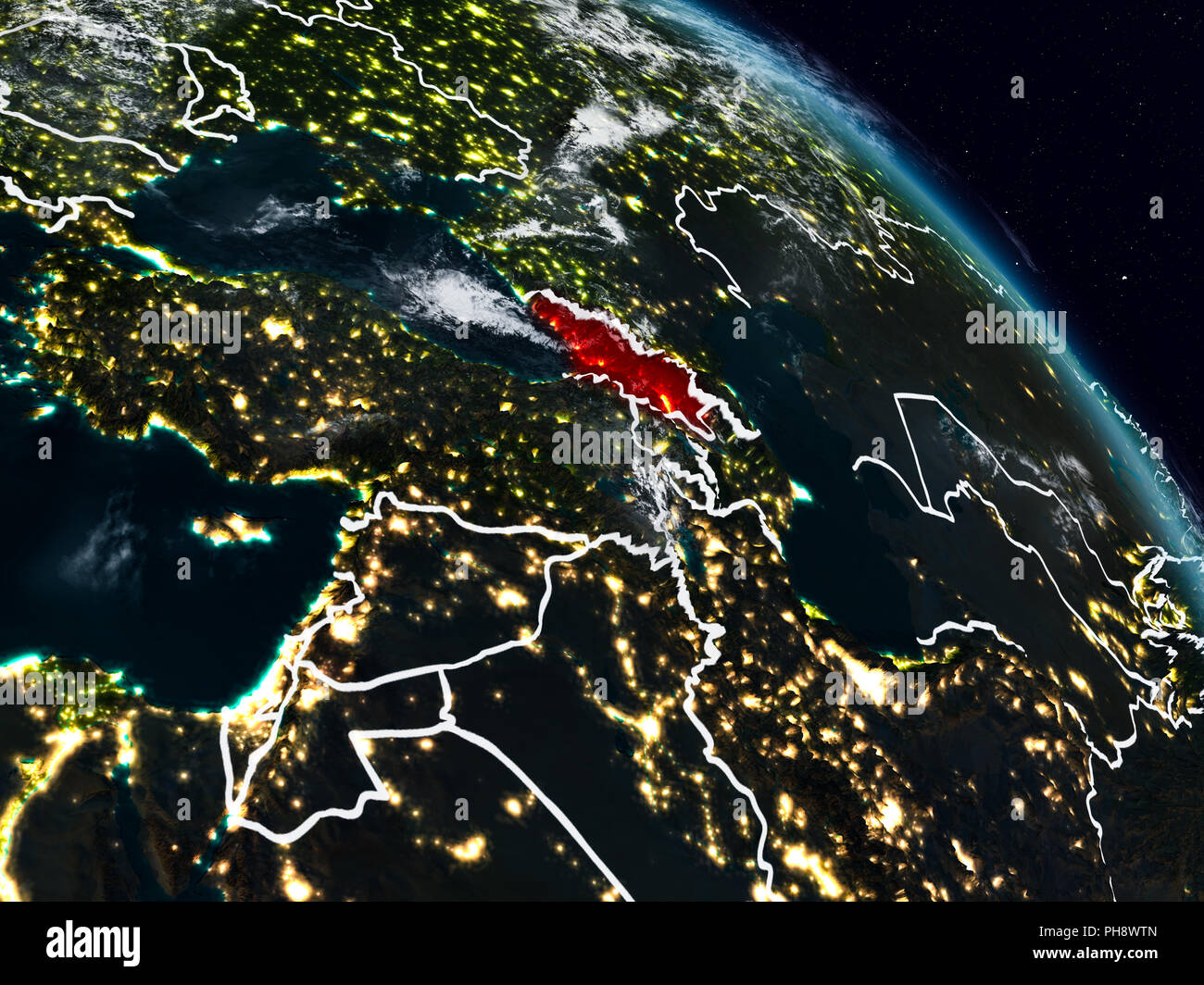 Georgia from space at night with visible country borders. 3D ...