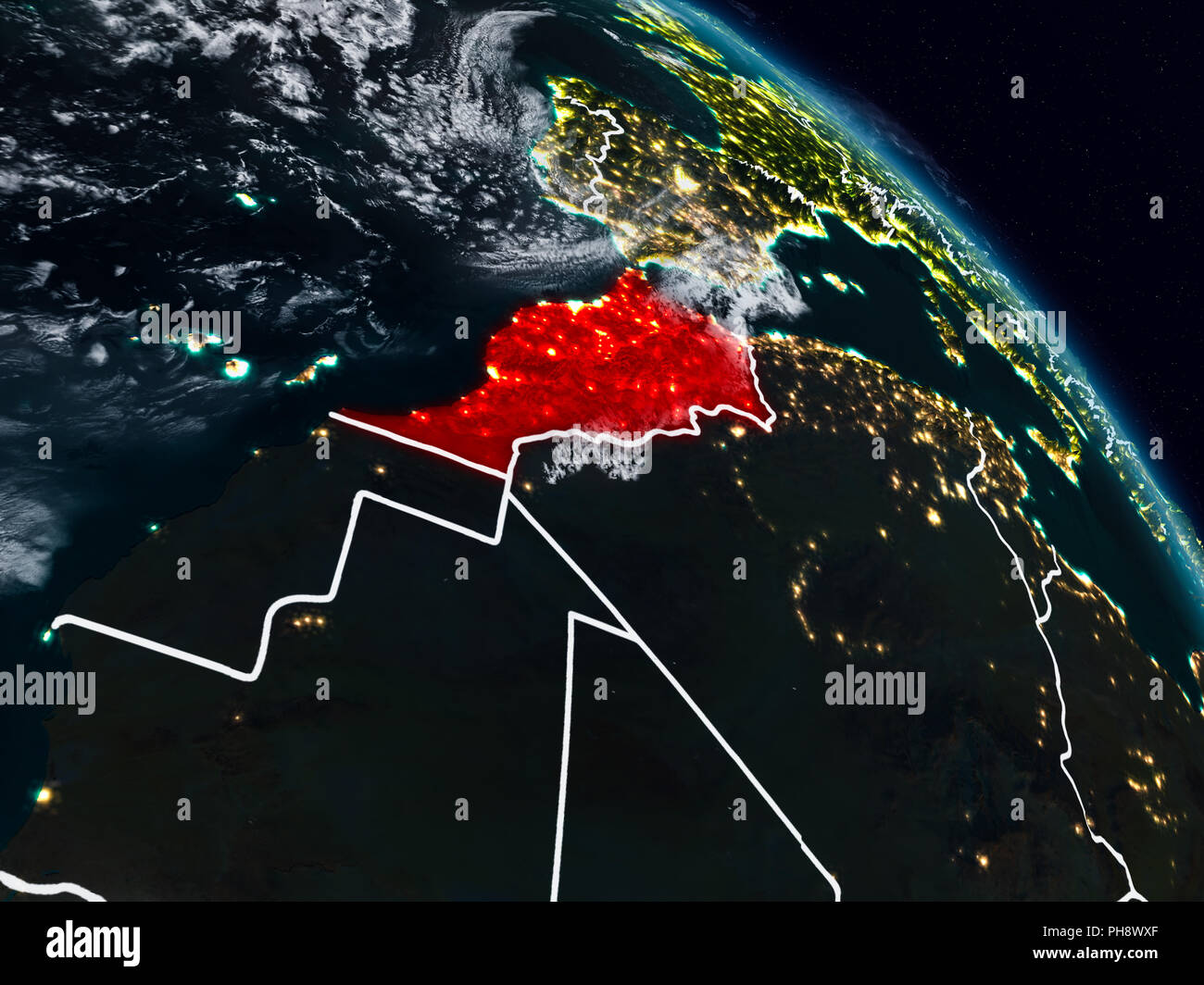 Morocco from space at night with visible country borders. 3D ...