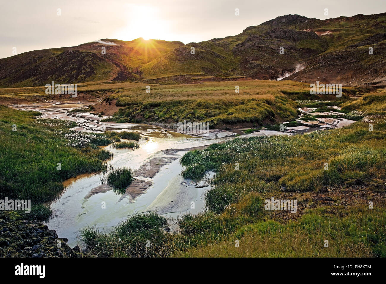 geothermal area Krysuvik at sunset, Reykjanes Peninsula, Iceland Stock ...