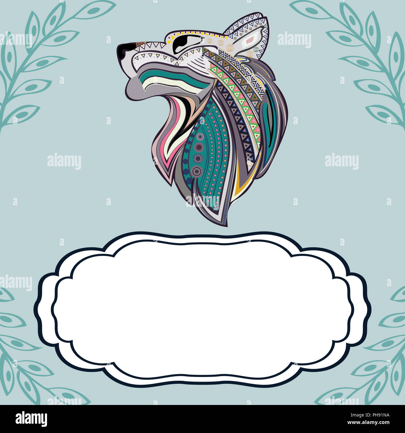 Vintage wolf head ethnic color pattern hand draw place labels Stock ...
