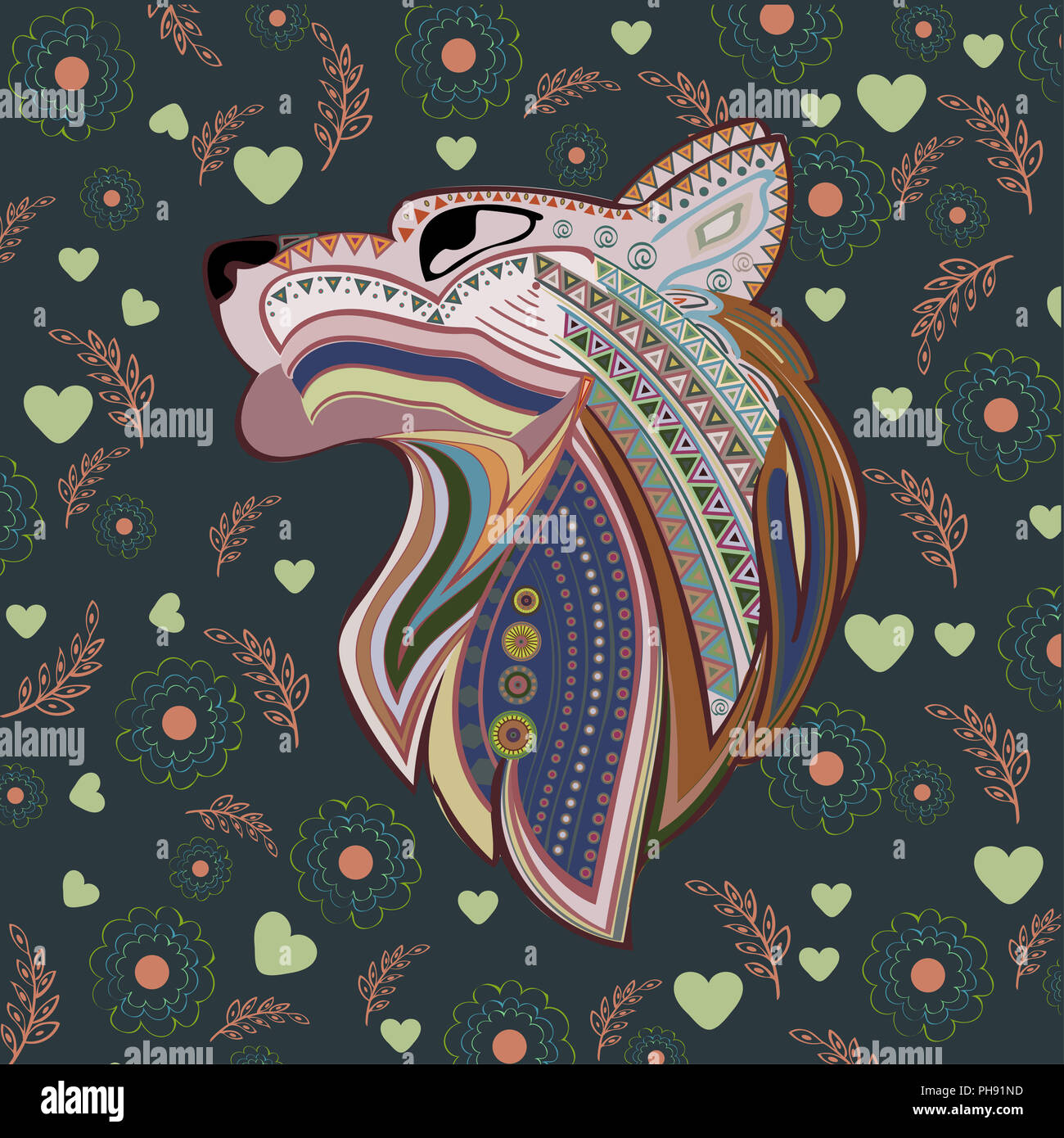 Vintage wolf head ethnic color pattern hand draw Stock Photo - Alamy