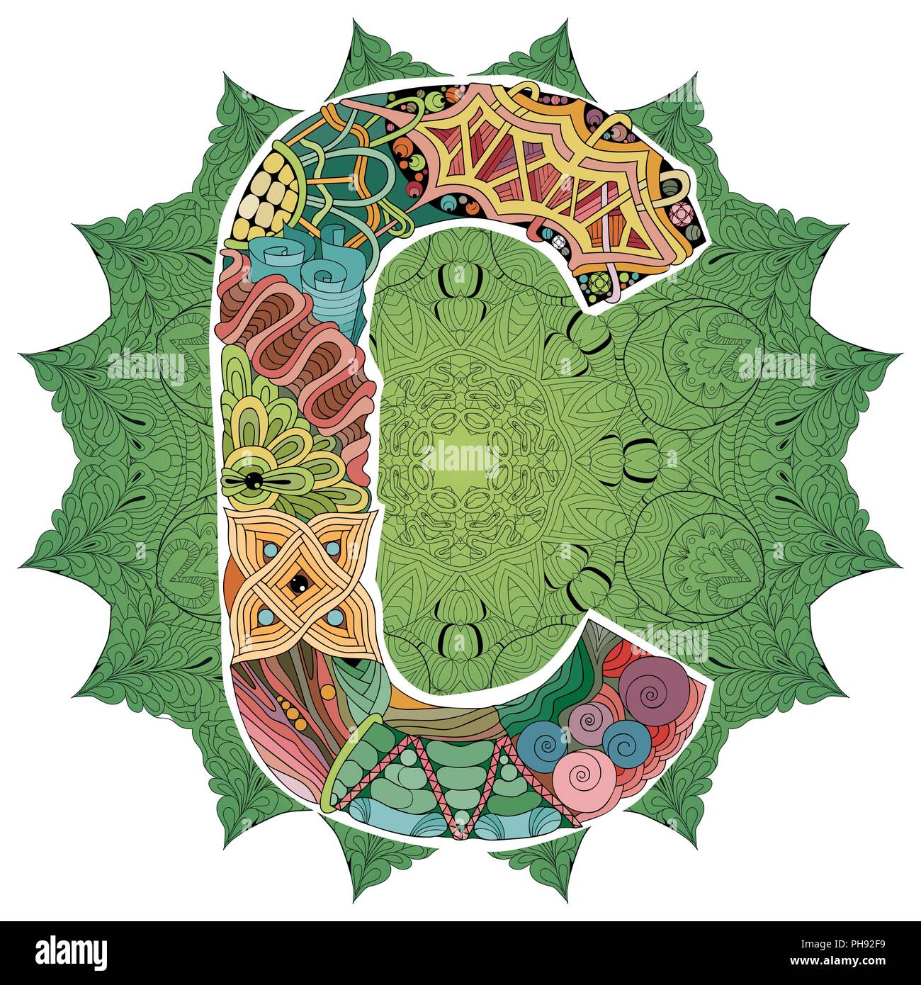 Hand-painted art design. Hand drawn illustration mandala with letter C ...