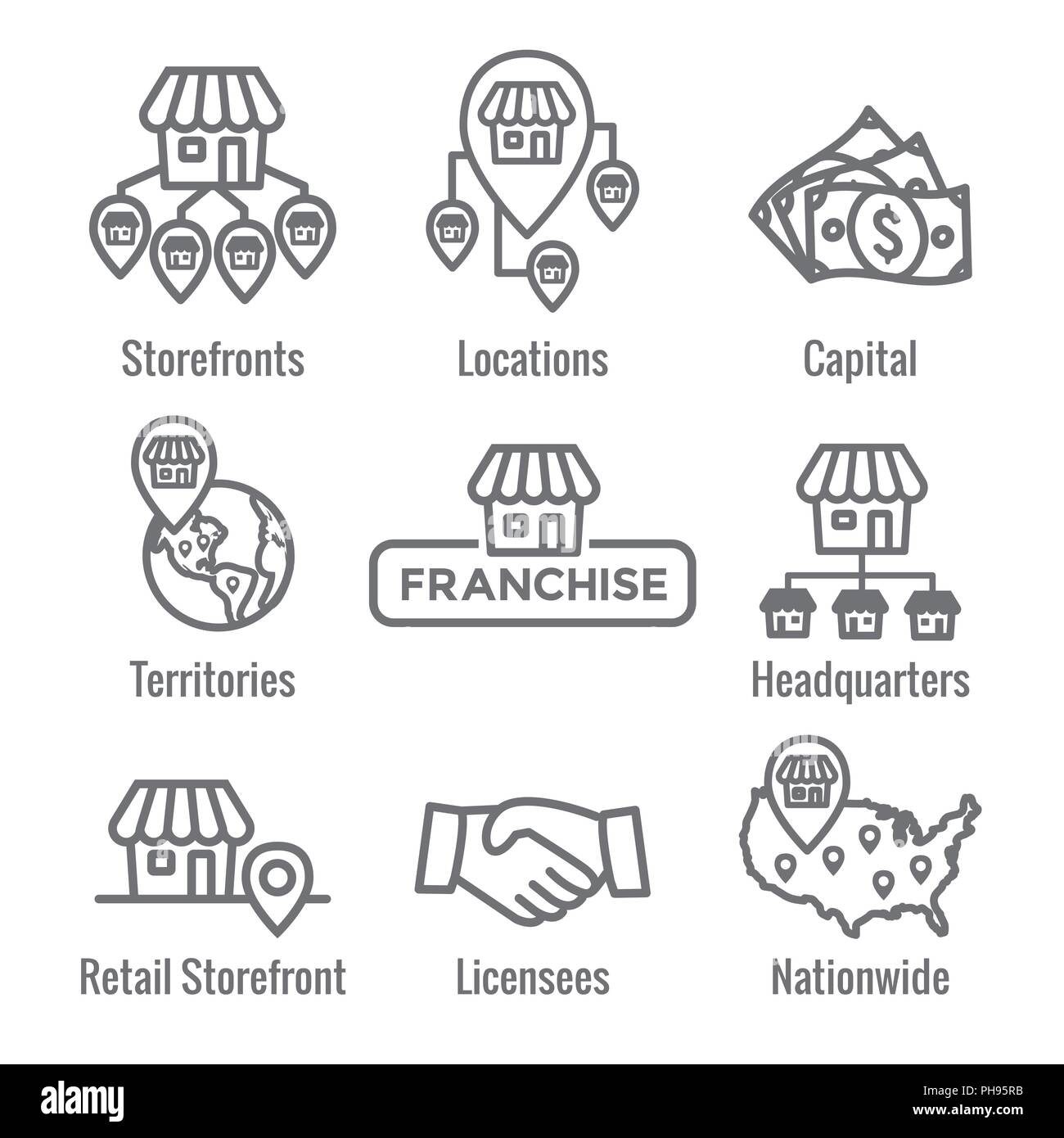 Franchise Icon Set w Home Office, corporate Headquarters and Franchisee ...