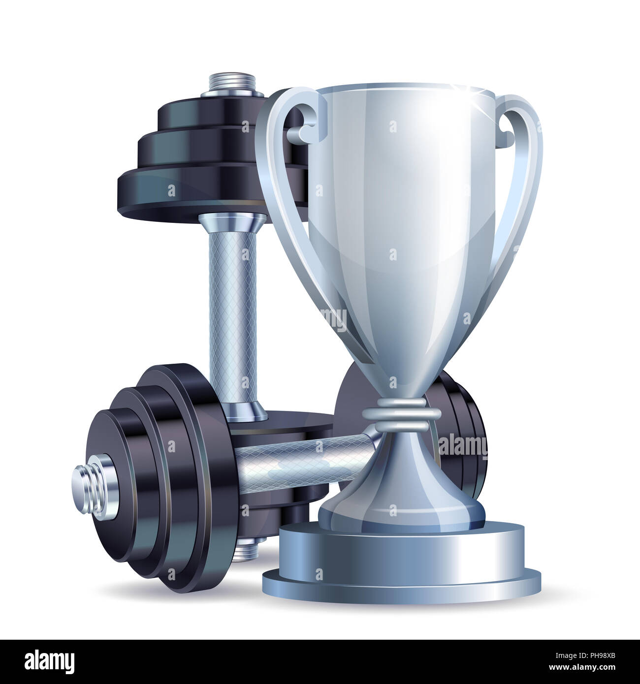 Silver cup with metal realistic dumbbells Stock Photo - Alamy