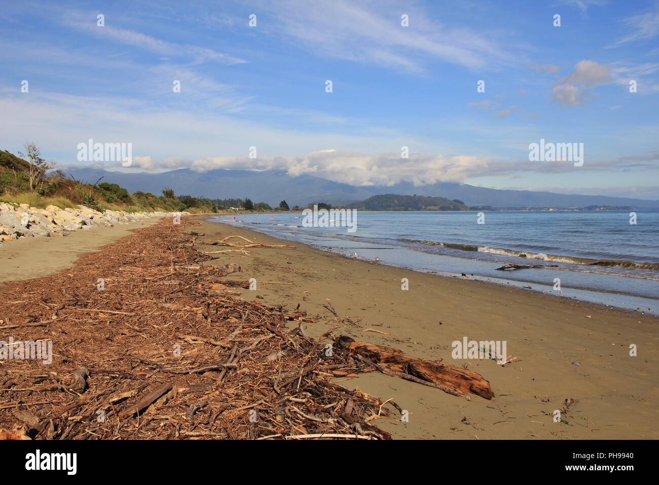 Scene after heavy rainfall, driftwood at Pohara Beach Stock Photo - Alamy