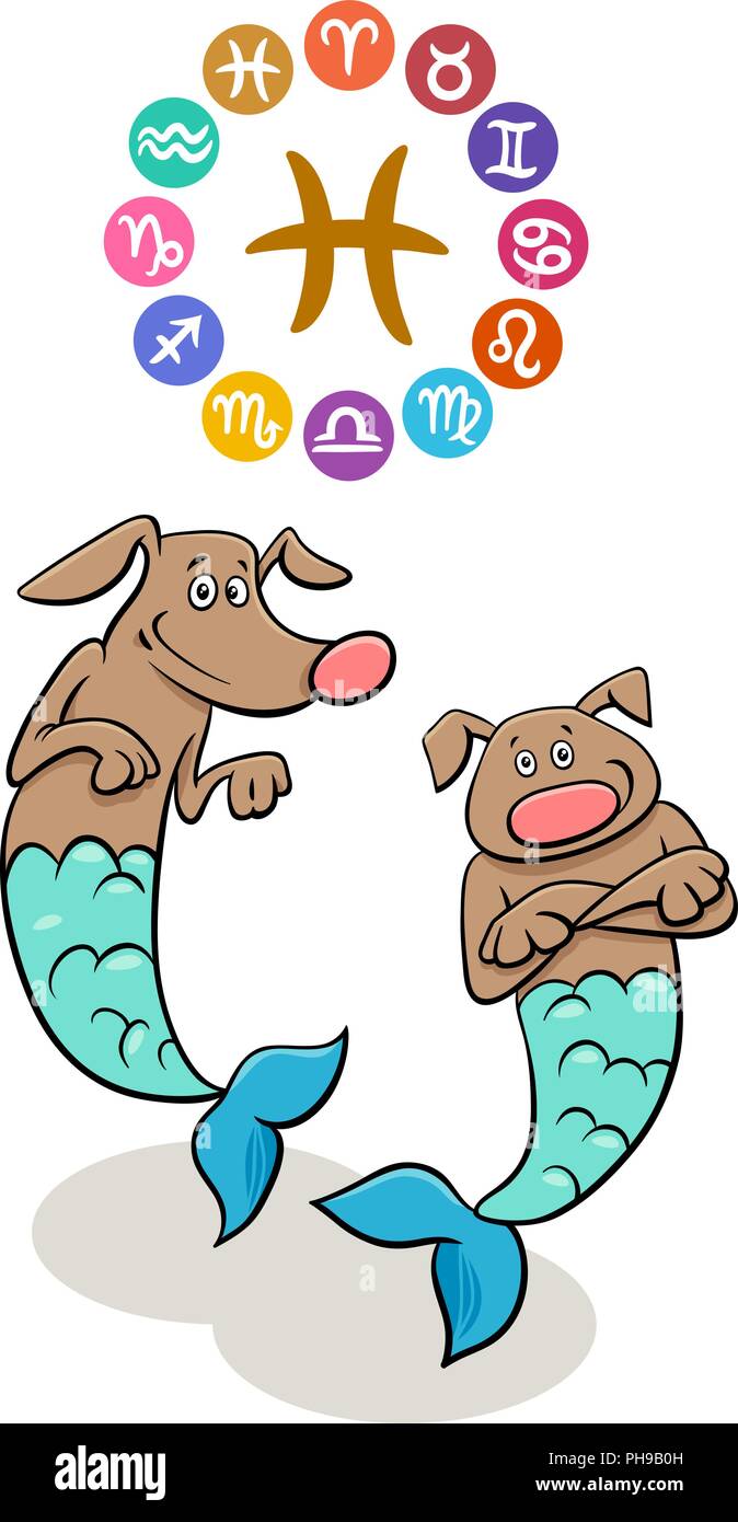 Cartoon Illustration of Pisces Zodiac Sign with Funny Dog Stock Vector ...