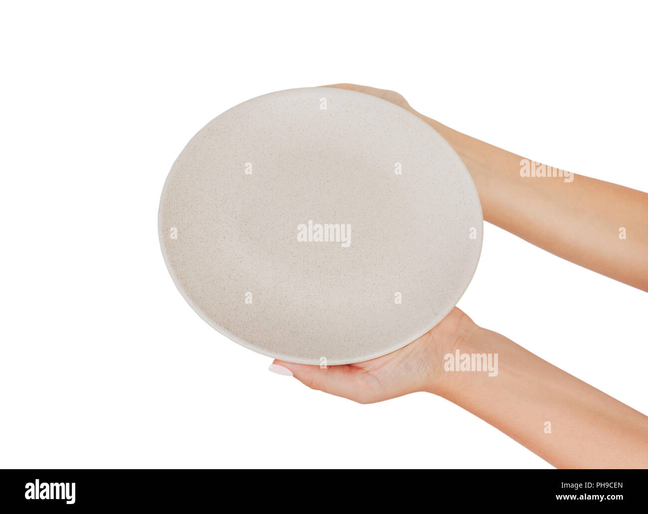 white kitchen plate on hand on white background. perspective view ...