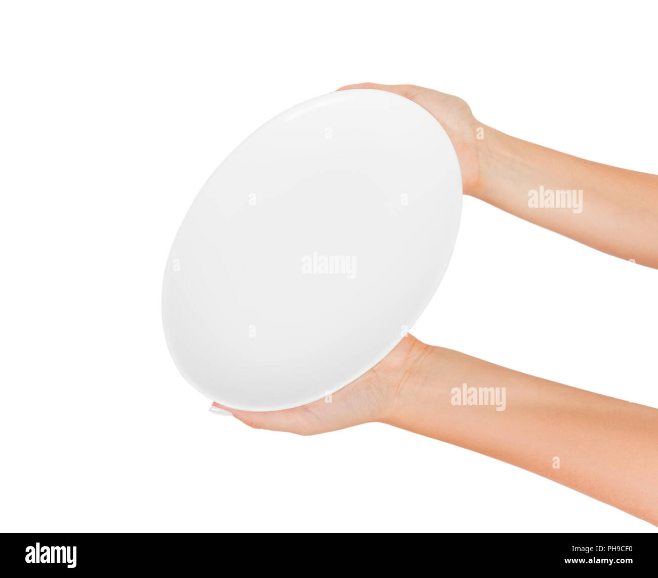 Blank empty round plate in female hand. perspective view, isolated on ...