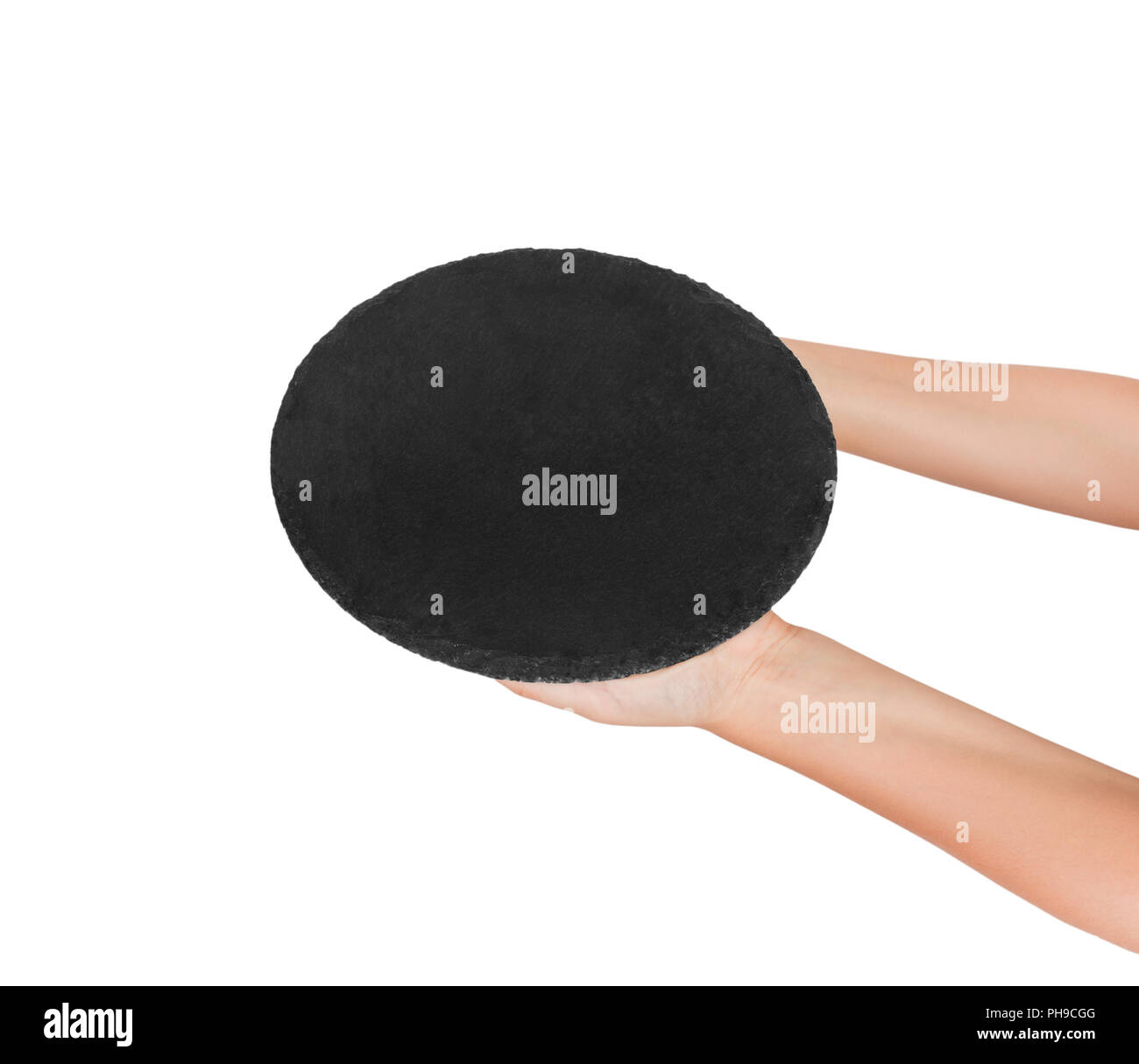 empty black slate round stone in the hand. perspective view Template ...