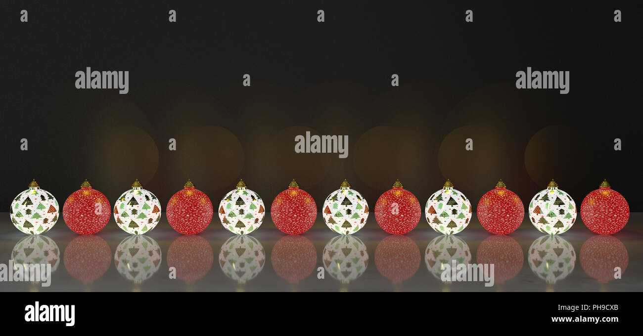 Christmas balls in one row, glowing with dark background Stock Photo ...