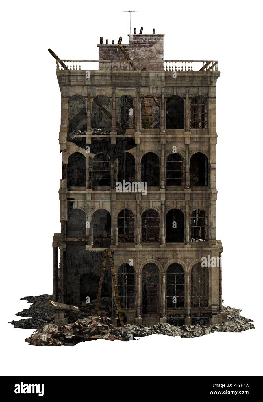 Ruined Building Isolated On White 3D Illustration Stock Photo - Alamy
