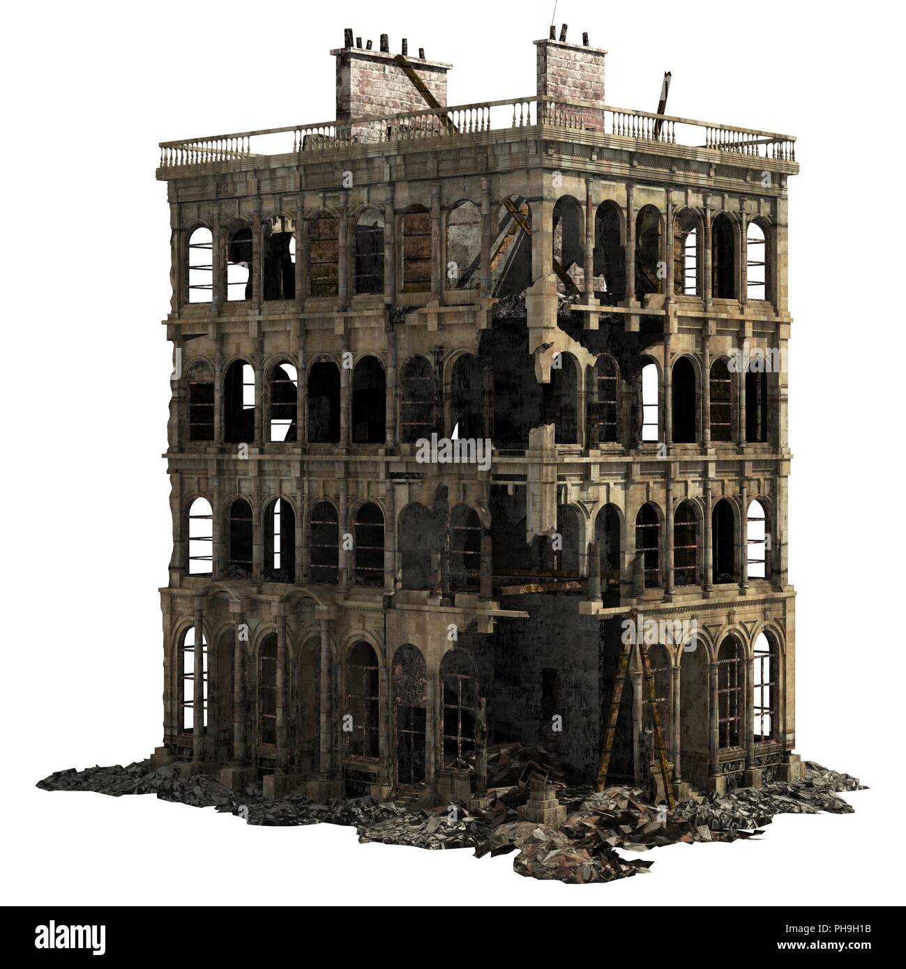 Ruined Building Isolated On White 3D Illustration Stock Photo - Alamy