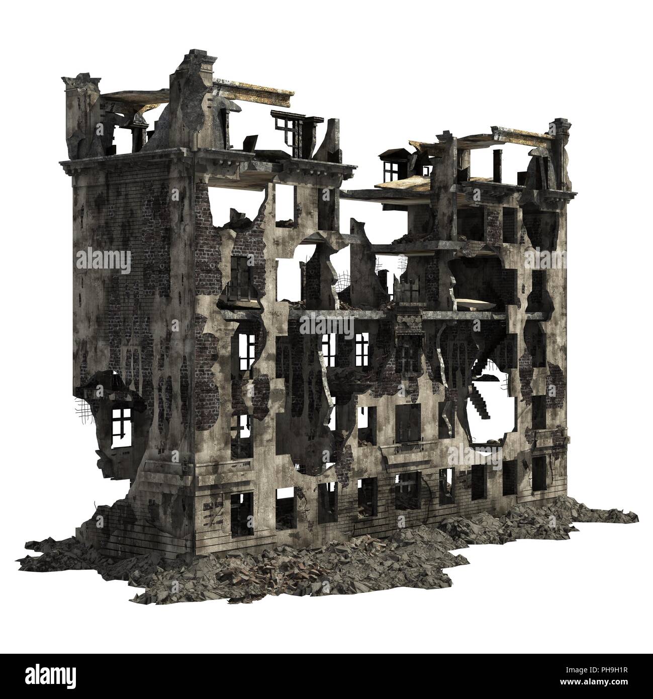 Ruined Building Isolated On White 3D Illustration Stock Photo - Alamy