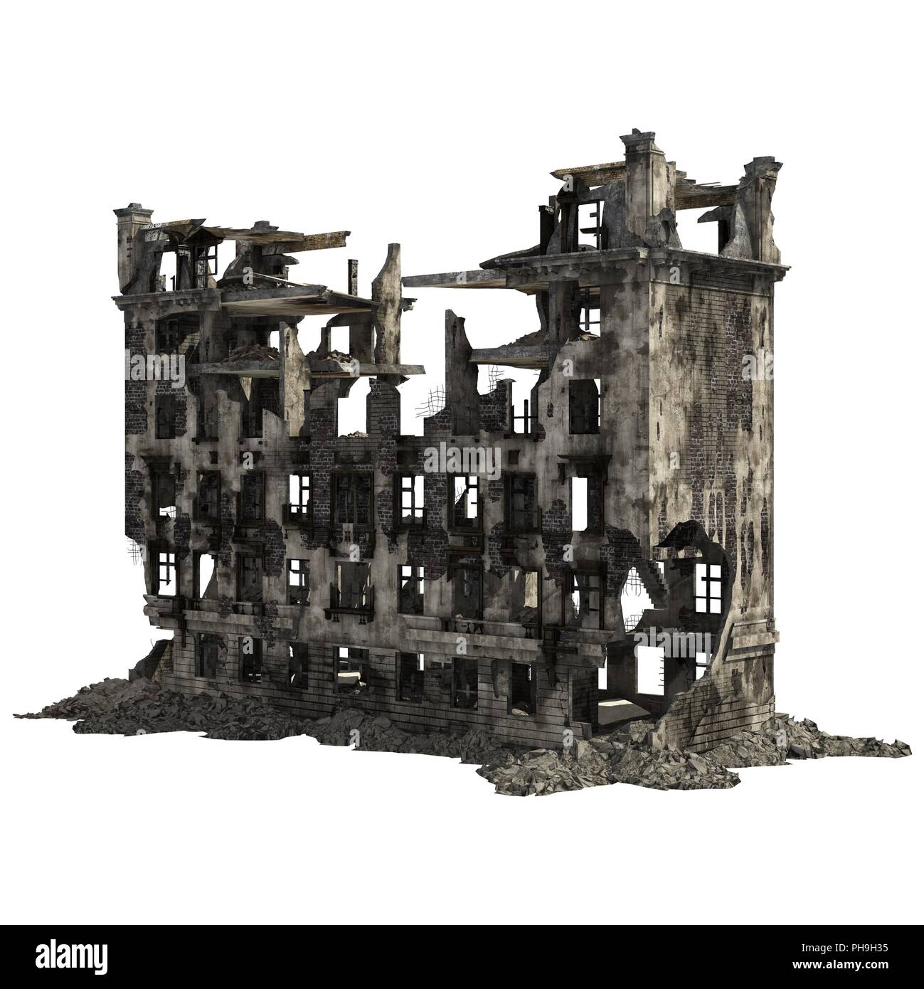 Ruined Building Isolated On White 3D Illustration Stock Photo - Alamy