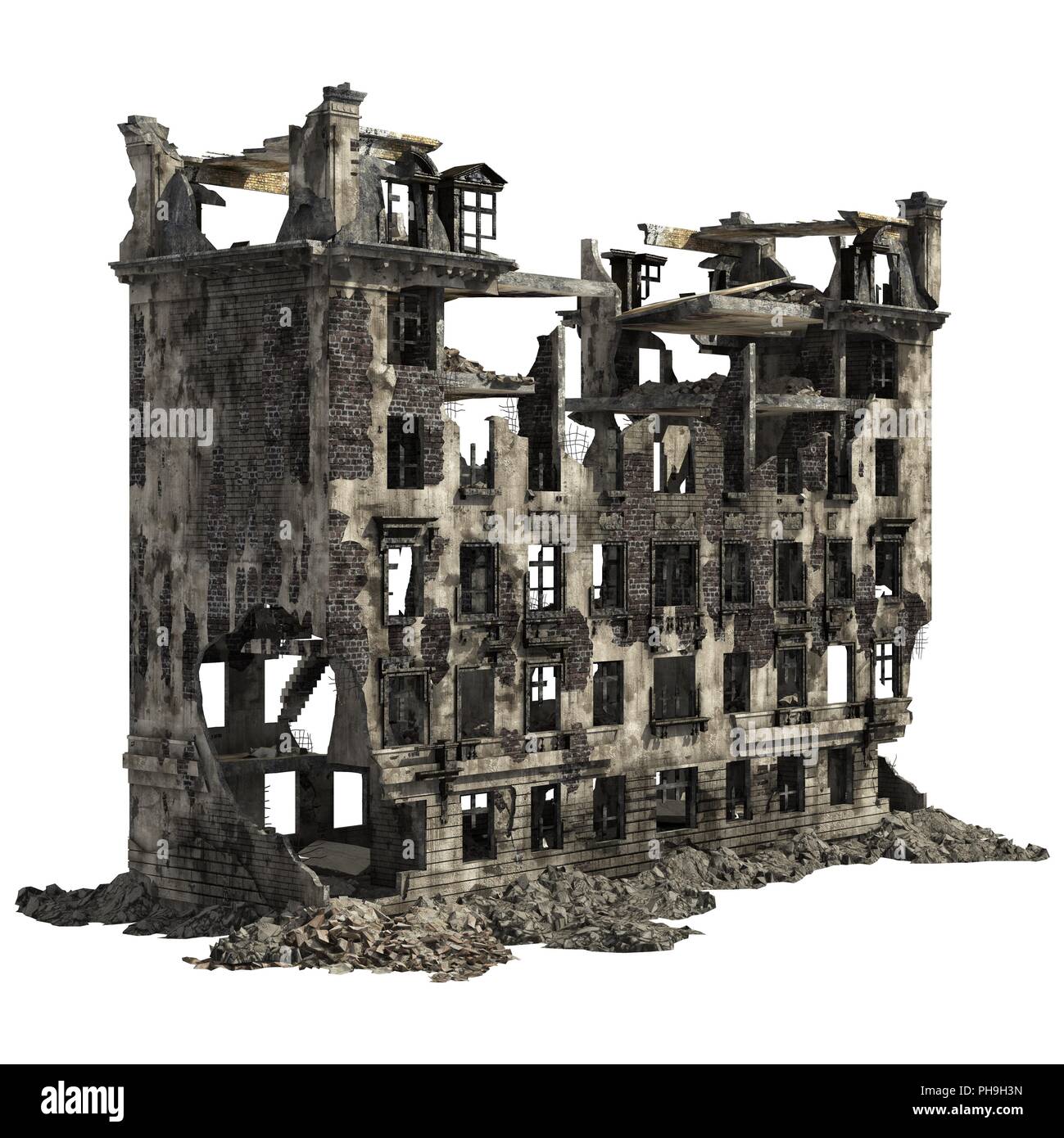 Ruined Building Isolated On White 3D Illustration Stock Photo - Alamy