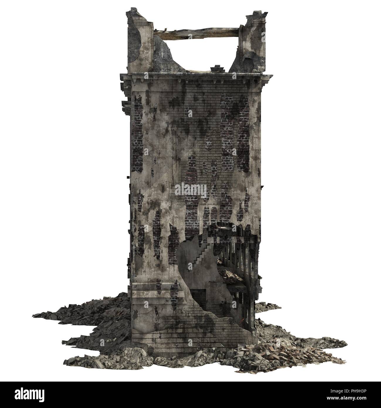 Ruined Building Isolated On White 3D Illustration Stock Photo - Alamy