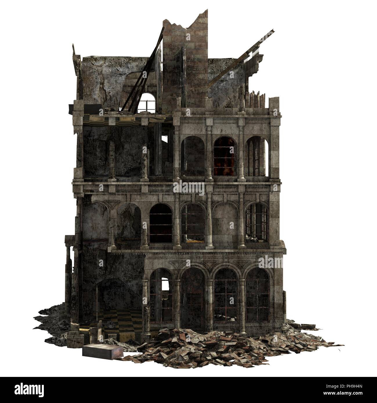 Ruined Building Isolated On White 3D Illustration Stock Photo - Alamy