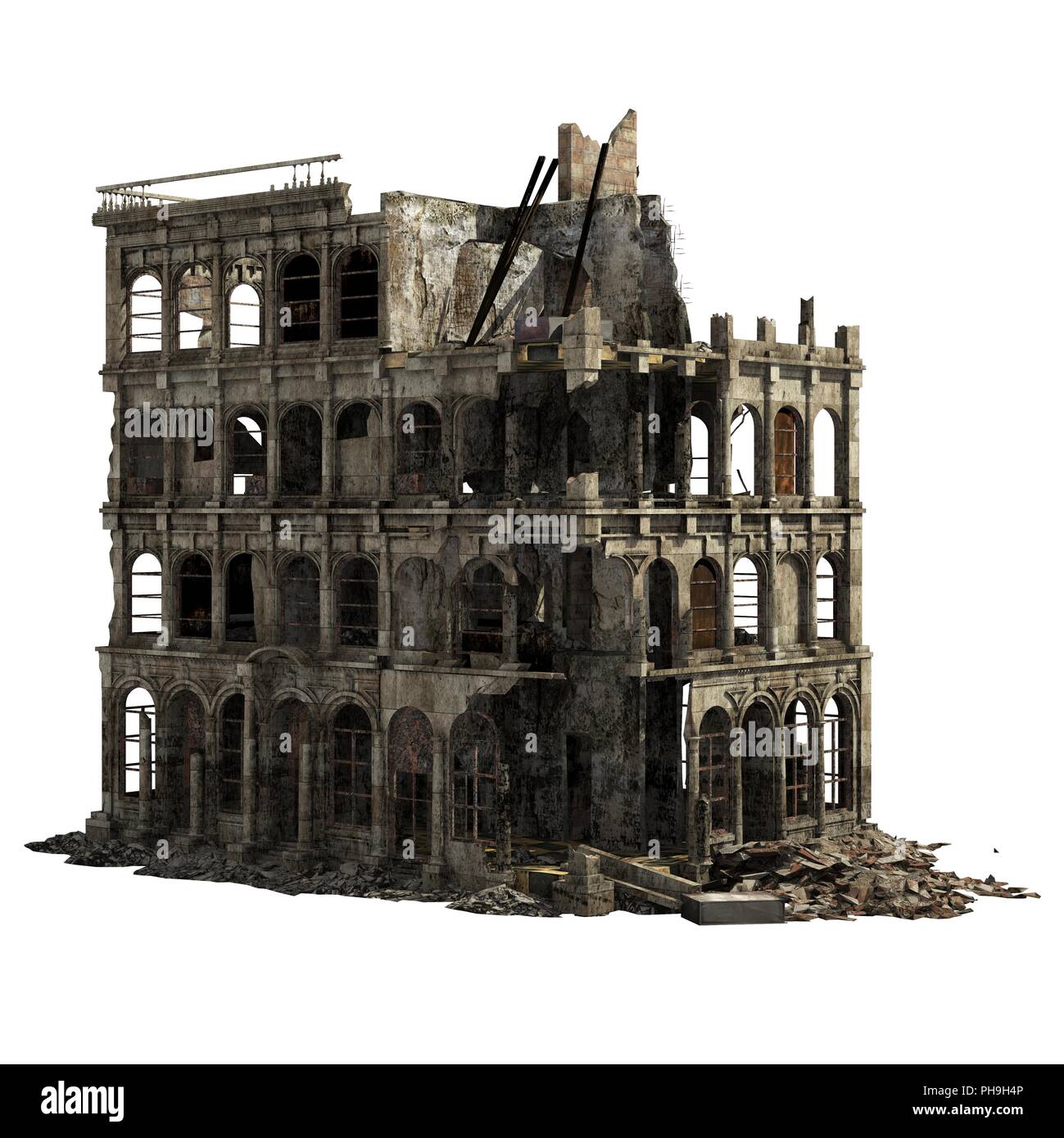 Ruined Building Isolated On White 3D Illustration Stock Photo - Alamy