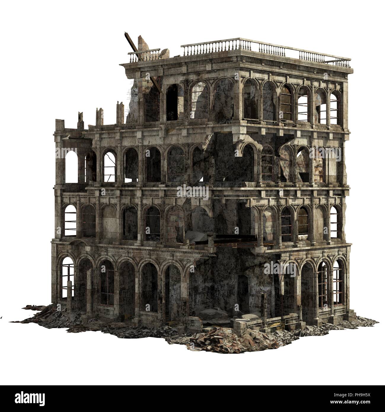 Ruined Building Isolated On White 3D Illustration Stock Photo - Alamy