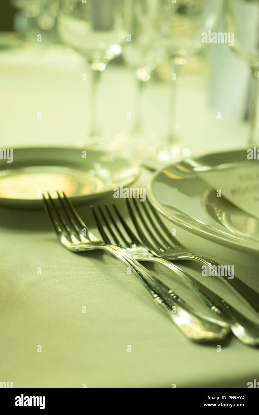 Wedding reception banquet dinner party table place settings set in ...