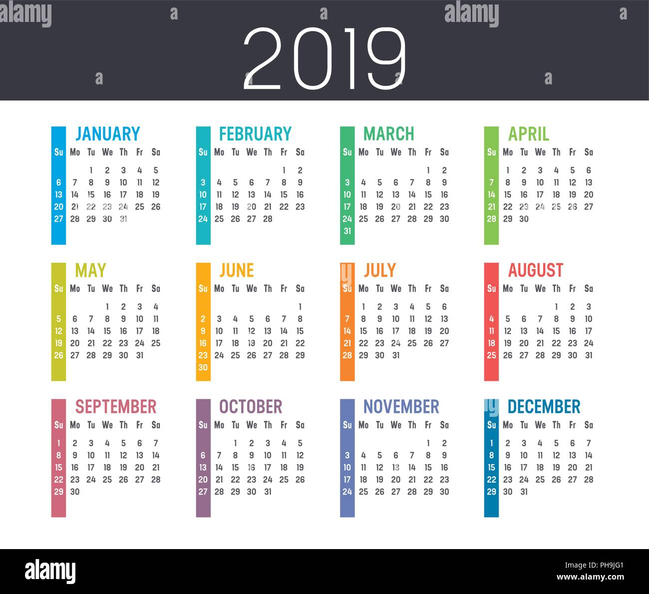 Colorful year 2019 calendar isolated on a white background Stock Vector ...