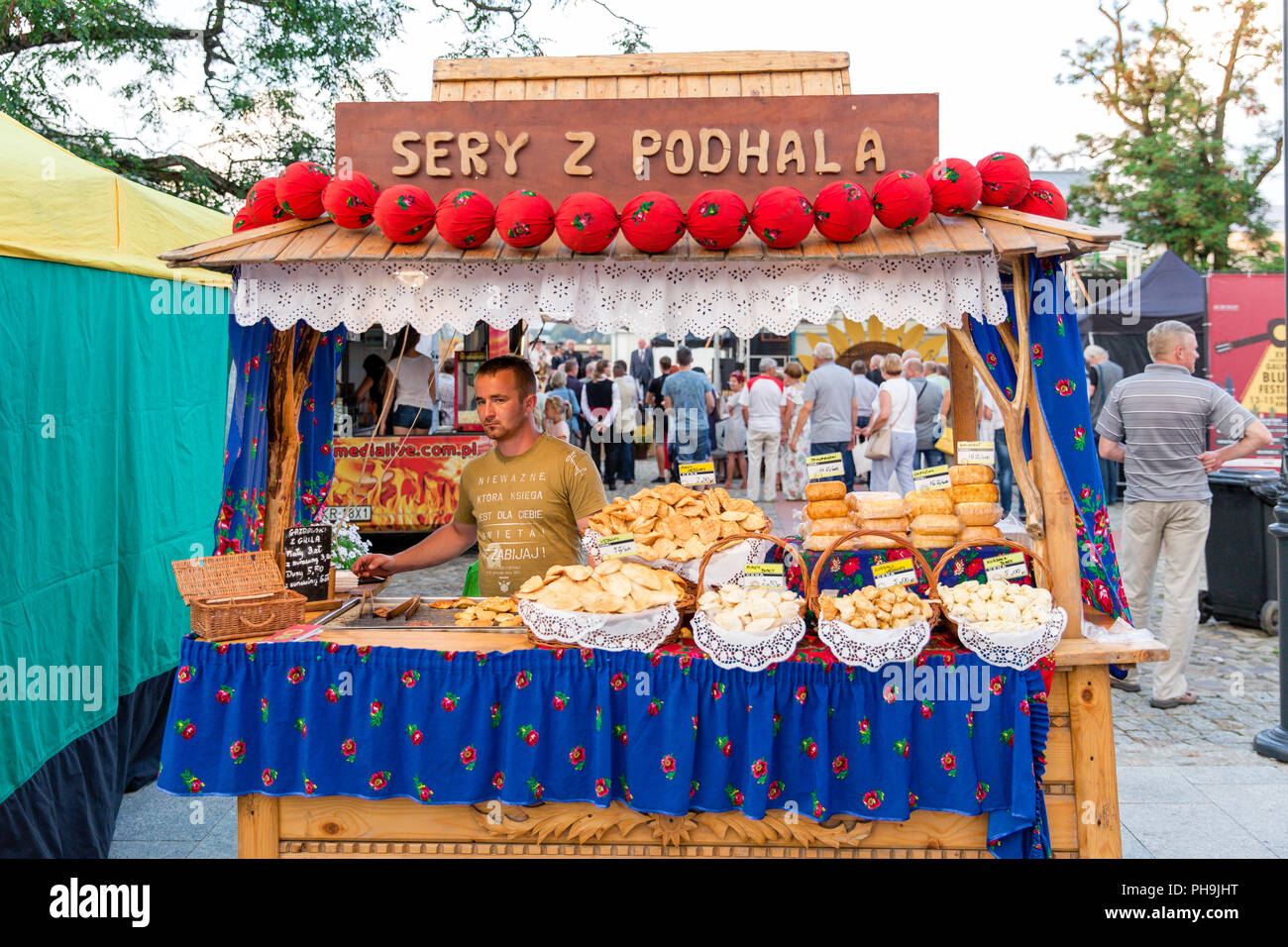 Market stall in Krosno mainsquare in Poland selling traditional smoked ...