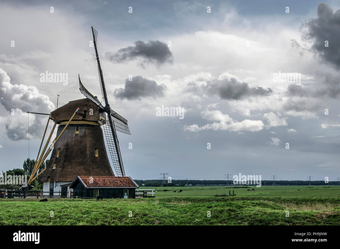 Dramatic sky over a polder landscape with a traditional windmill near ...