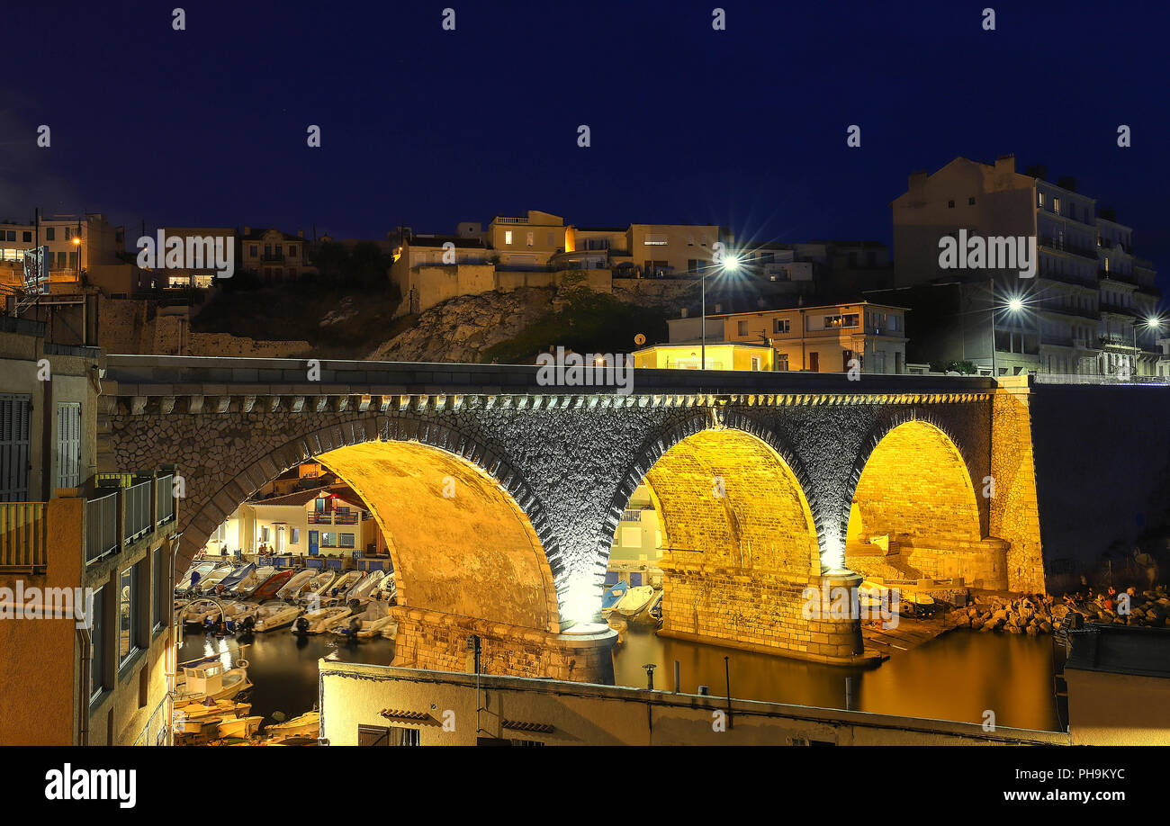 Harbor at Vallon des Auffes with the famous old bridge in Marseille at ...