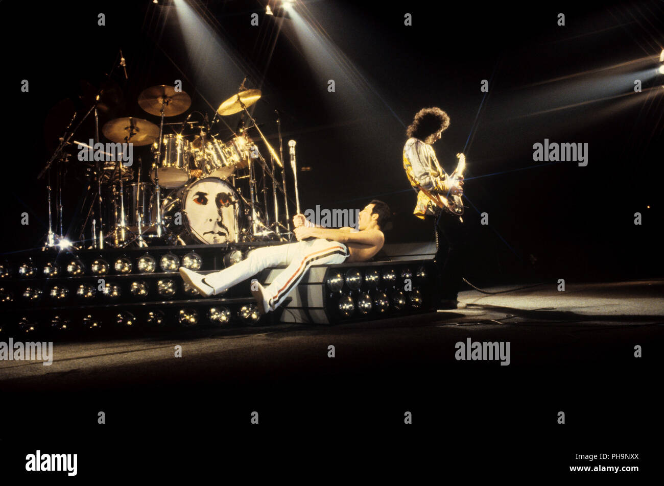Queen on stage in Stockholm (Sweden) on 10 April 1982. Singer Freddie ...