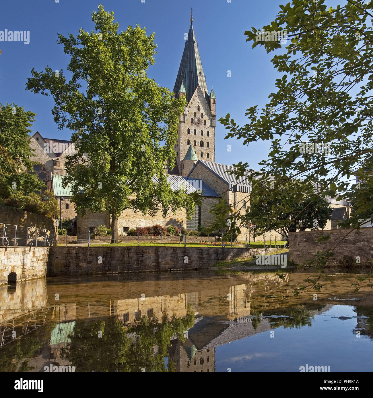Paderborn Cathedral with well of river pader, Paderborn, North Rhine ...
