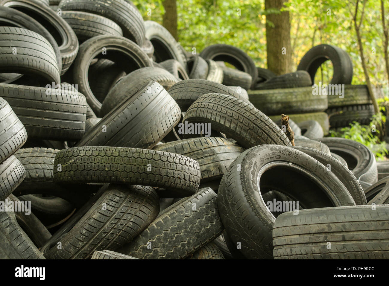 A picture of many old used tires left on a waste dump. The picture of ...