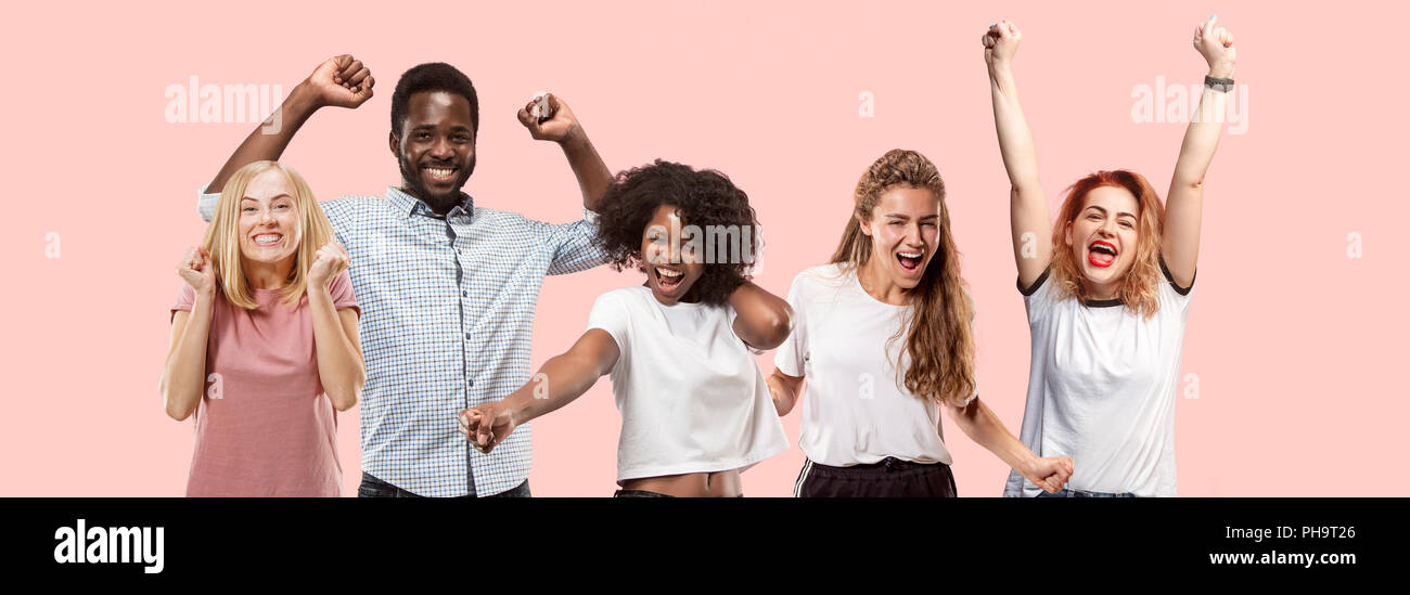 Collage of winning success happy men and women celebrating being a ...