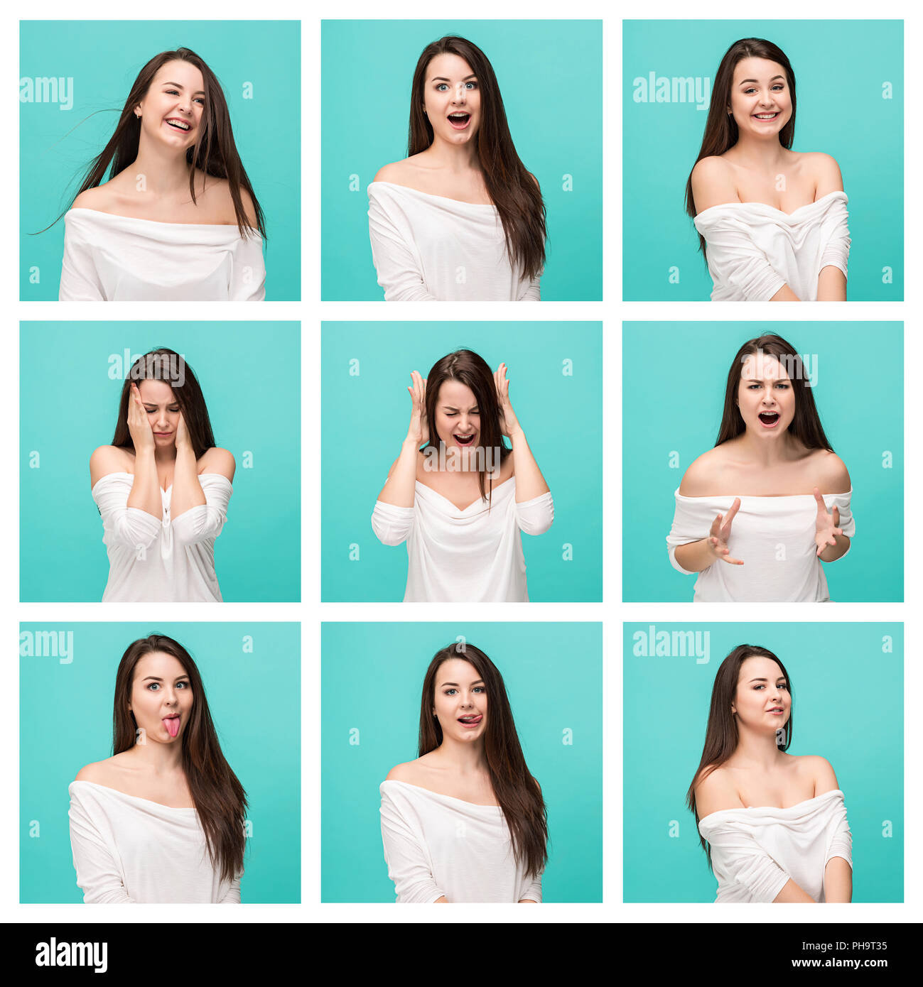 The collage of young woman's portraits with different happy emotions ...