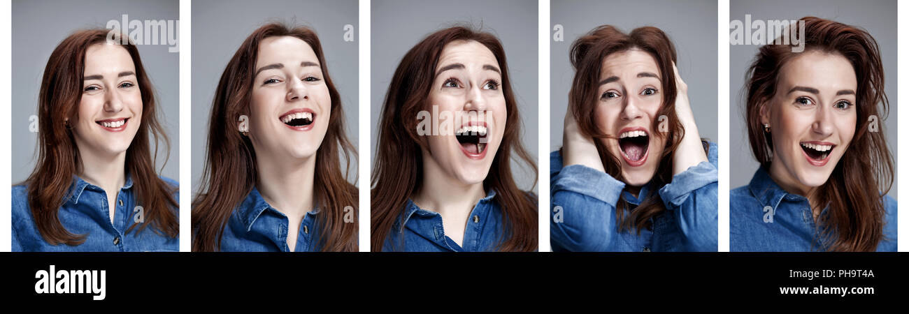 The collage of young woman's portraits with different happy emotions ...