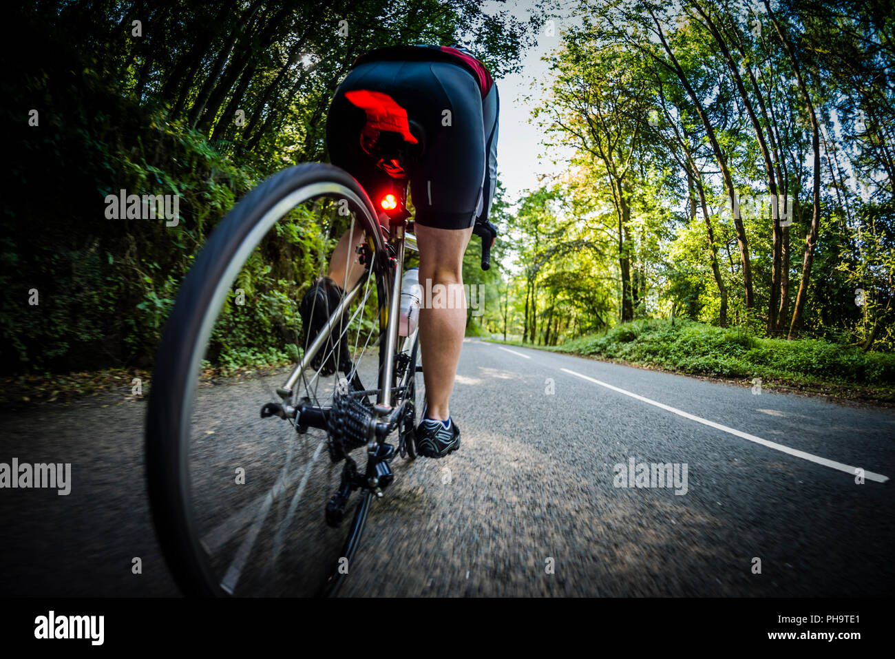 Female cyclist cycling along a rural road in Bowland, Lancashire, UK ...