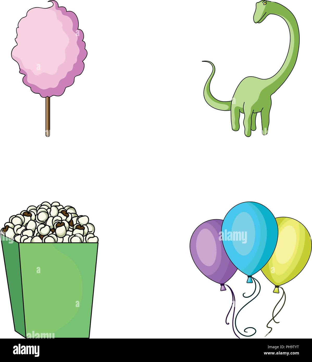 Sweet cotton wool on a stick, a toy dragon, popcorn in a box, colorful ...