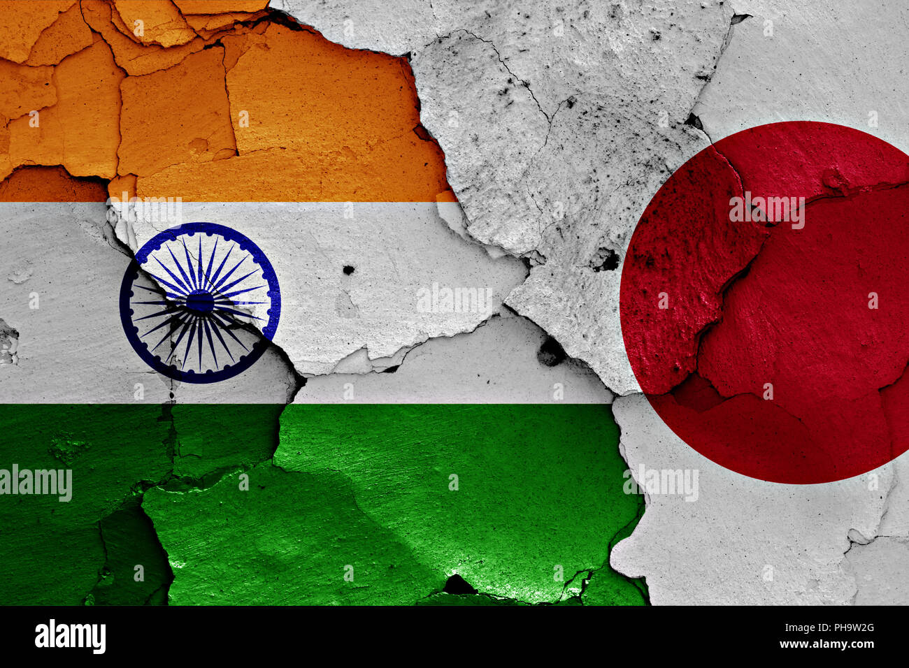 flags of India and Japan painted on cracked wall Stock Photo - Alamy