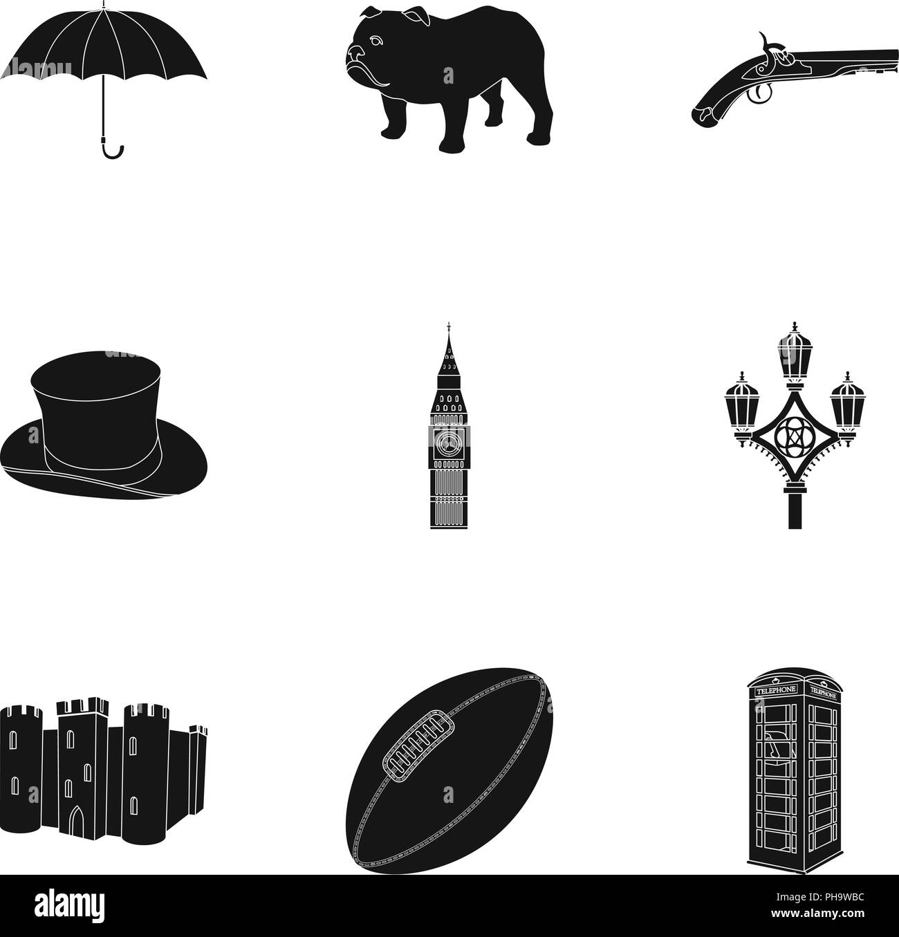 England country set icons in black design. Big collection of England ...