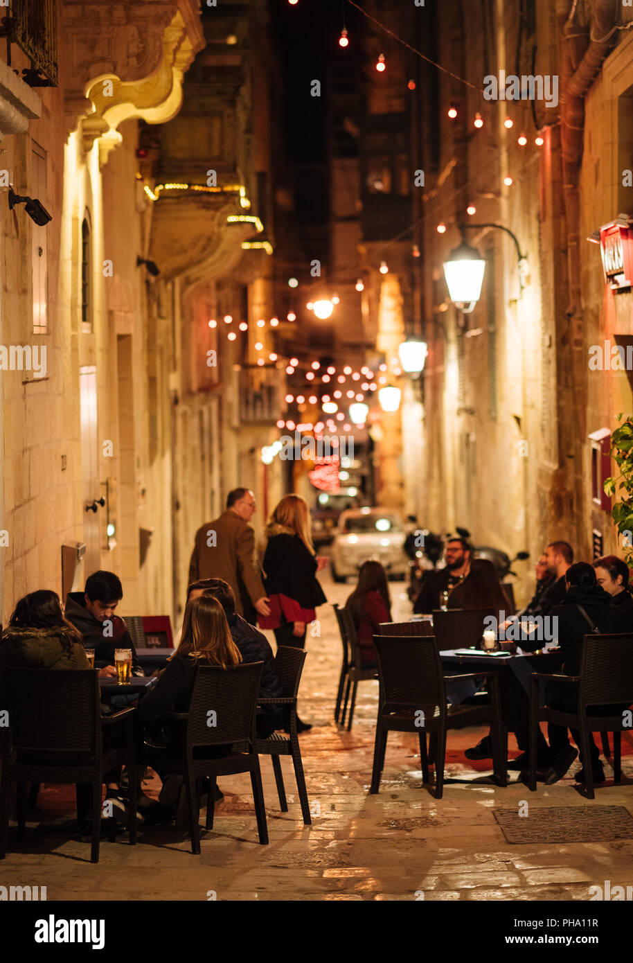 Strait Street, former red light district, at night, Valletta, Malta ...