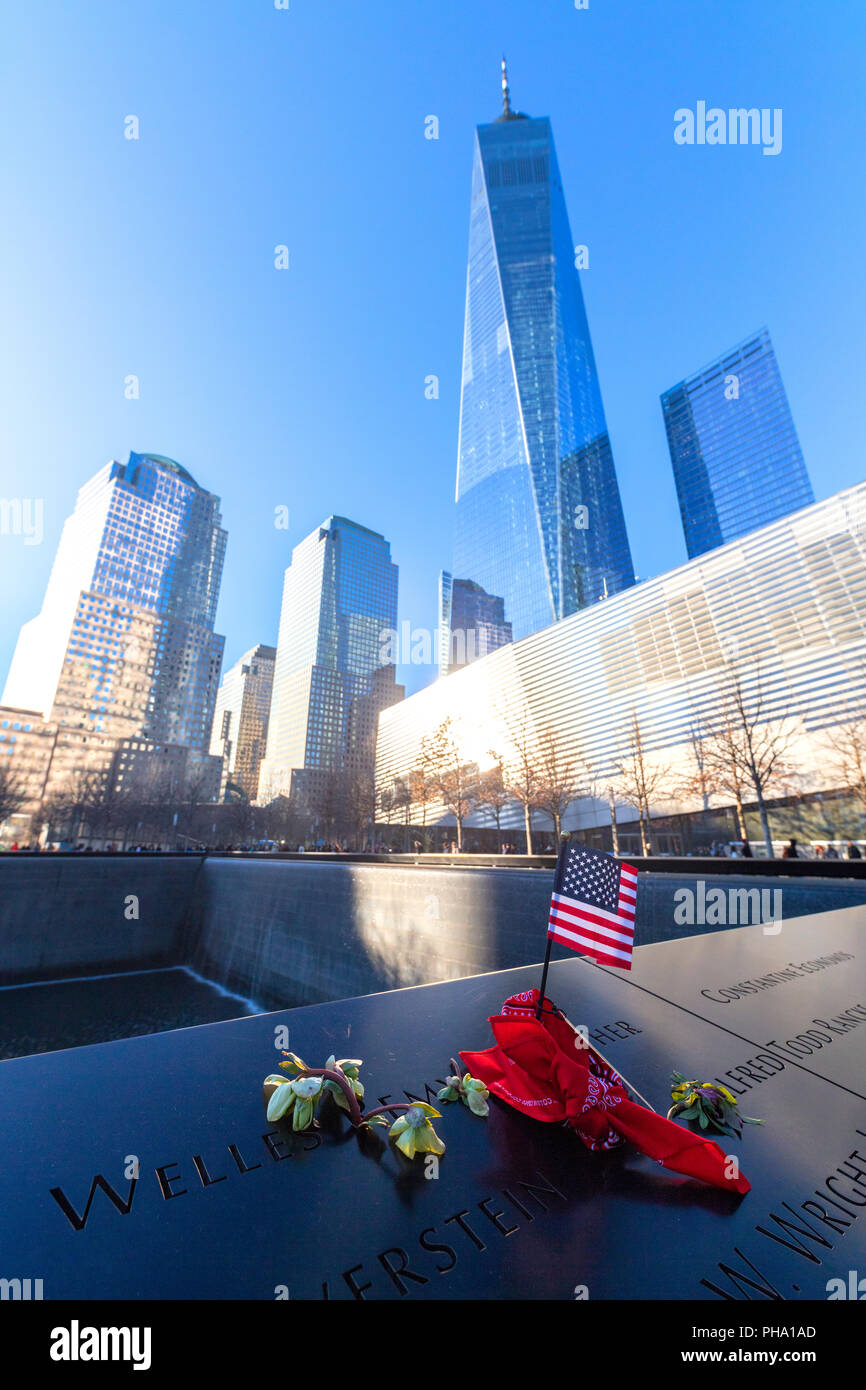 Memorial plaque at South Pool fountain, One World Trade Center, Lower ...