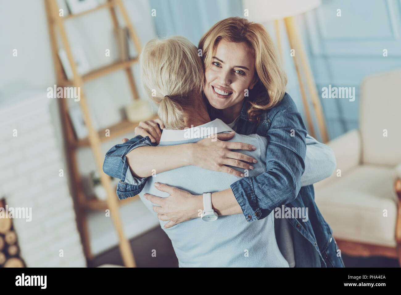 Positive joyful woman expressing her feelings Stock Photo - Alamy