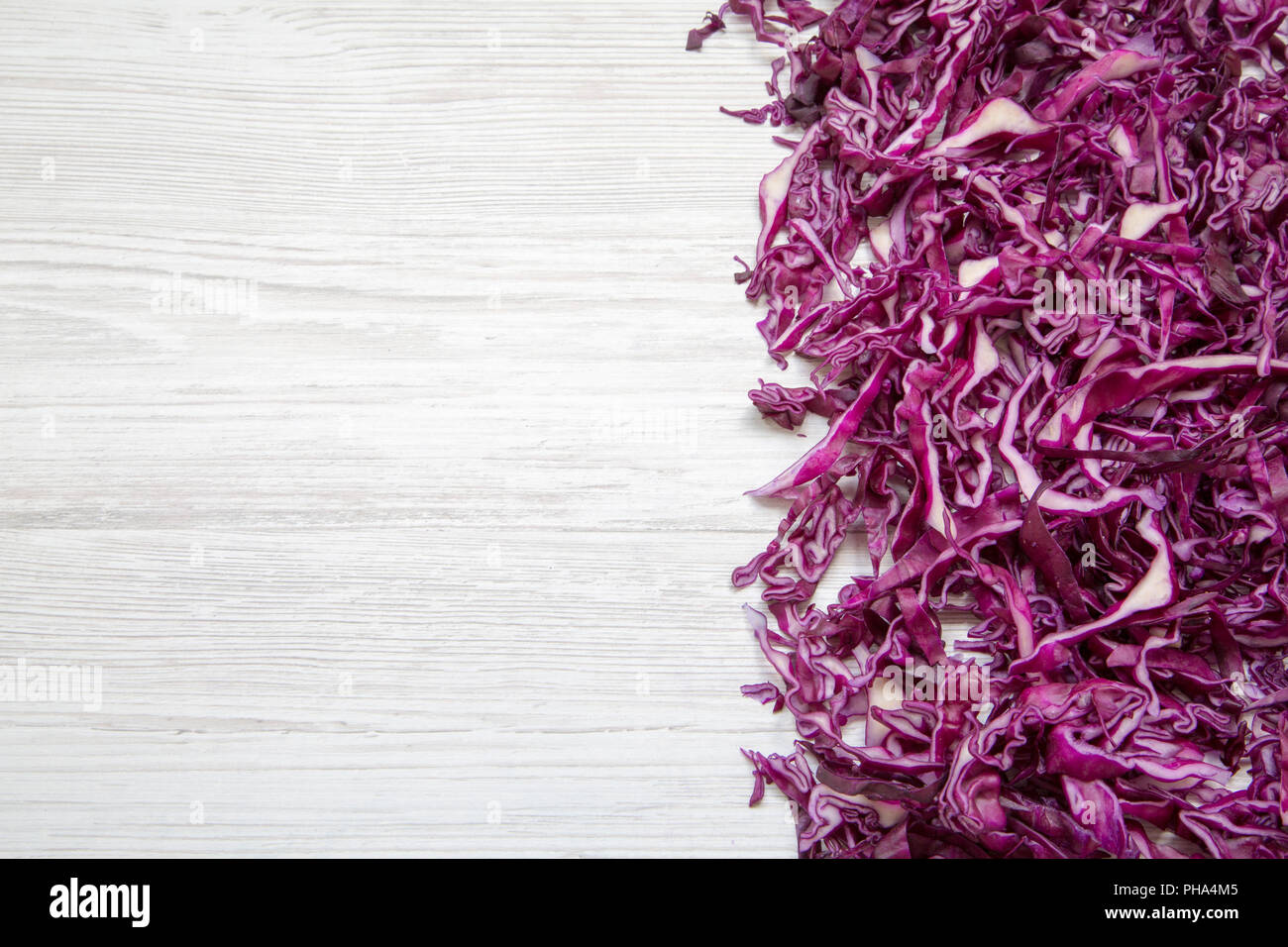 Chopped red cabbage, close-up. Top view, from above, overhead. Space ...