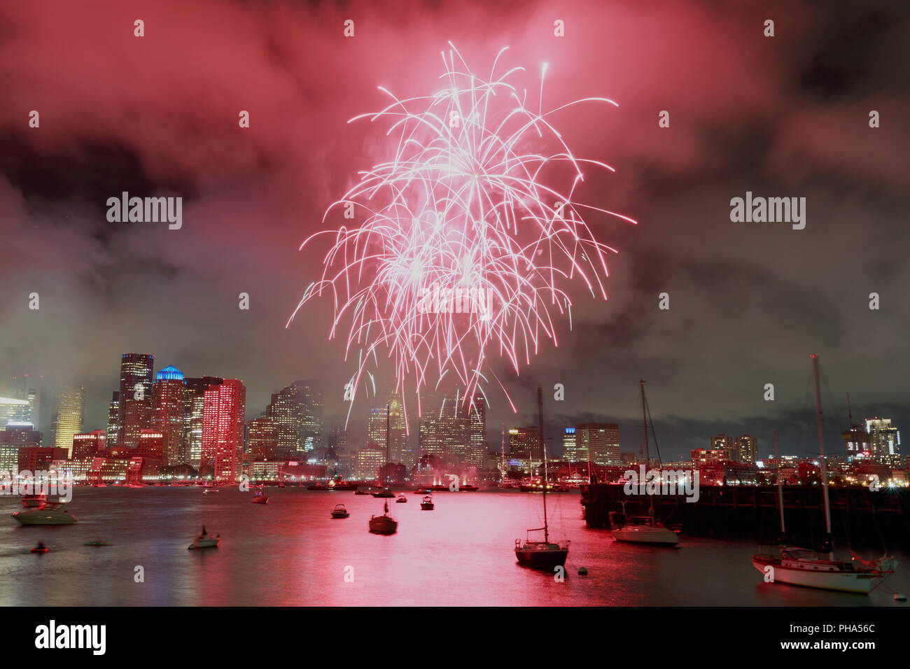 Boston Harbor skyline fireworks display Stock Photo - Alamy
