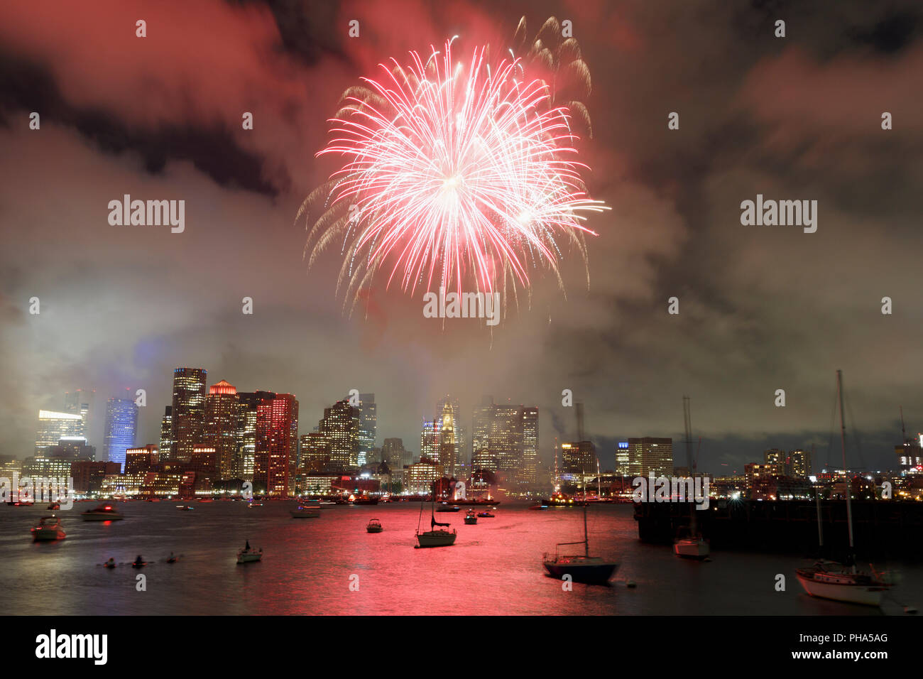 Boston Harbor skyline fireworks display Stock Photo - Alamy