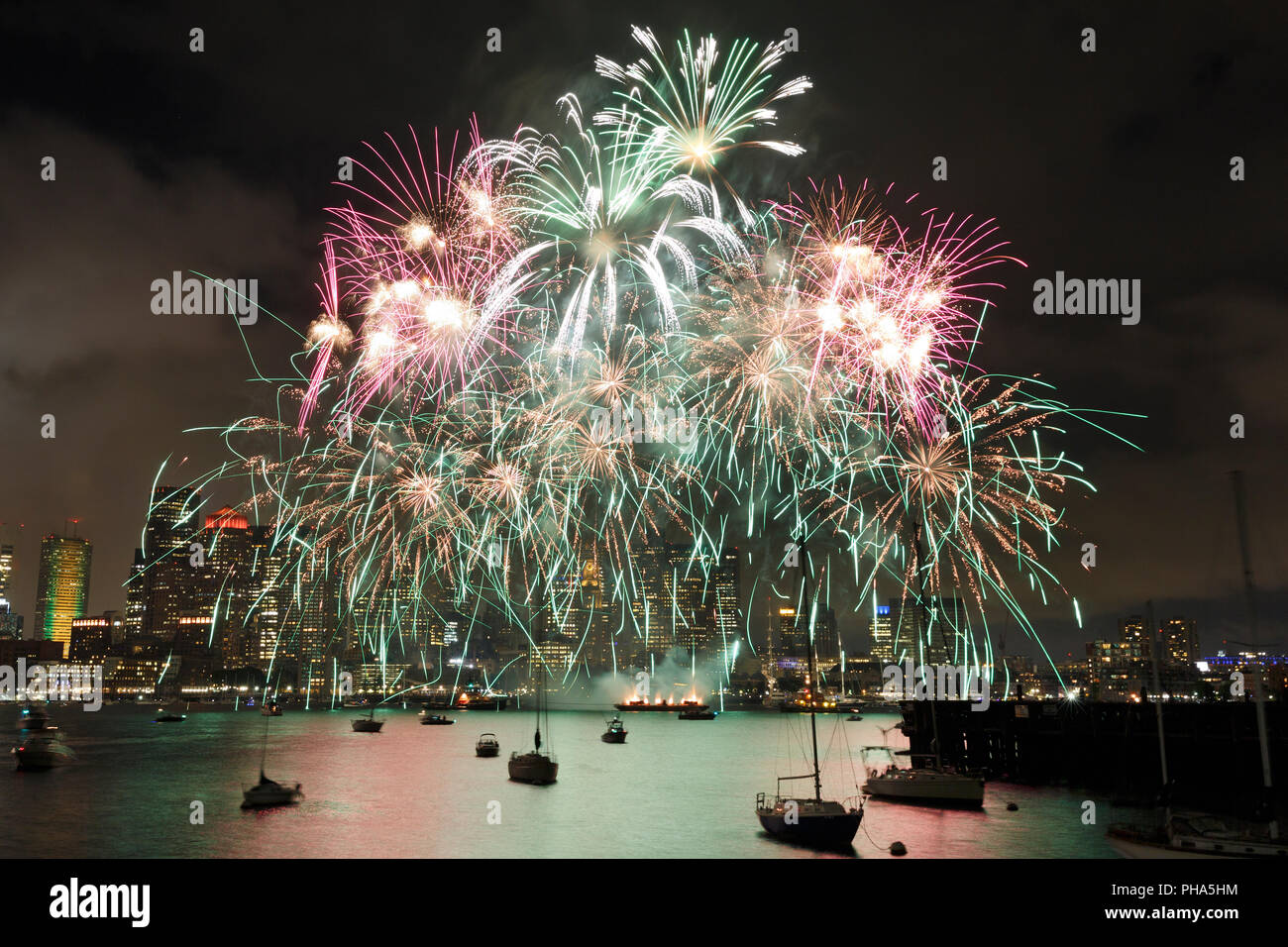 Boston Harbor skyline fireworks display Stock Photo - Alamy