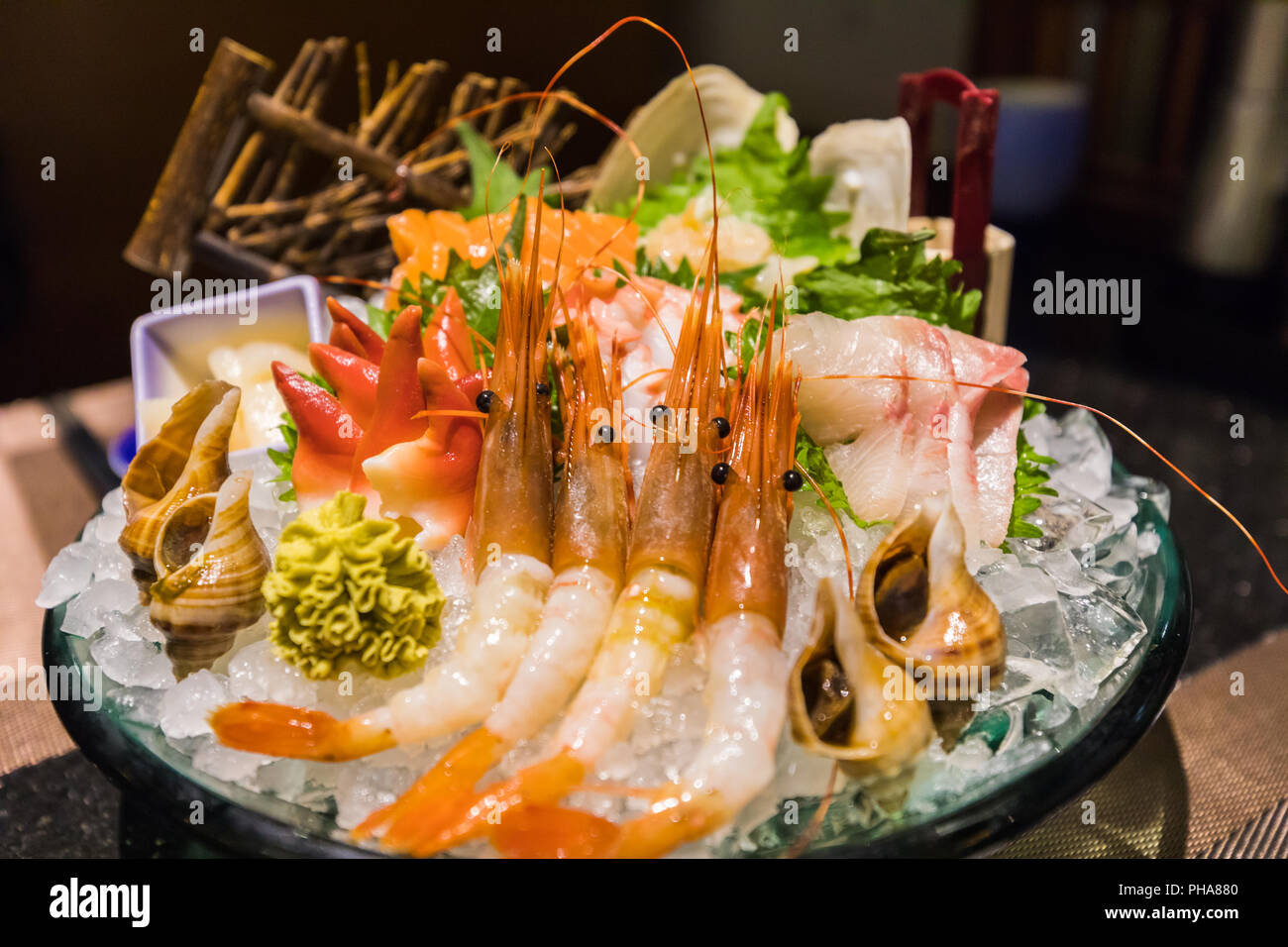 Closeup view of typical Japanese food Sashimi, a Japanese delicacy ...