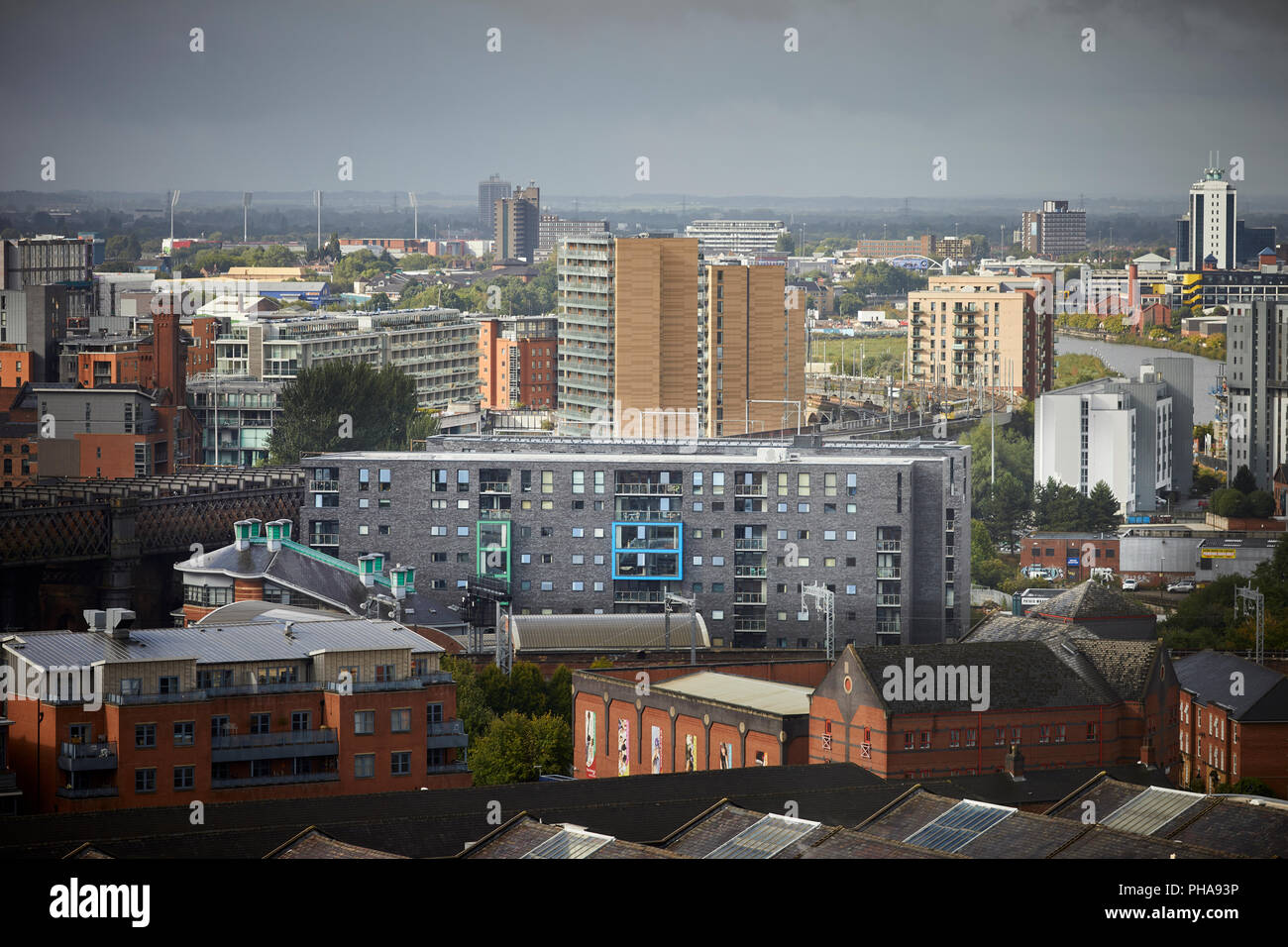 Castlefield skyline in Manchester city centre looking out to Trafford ...