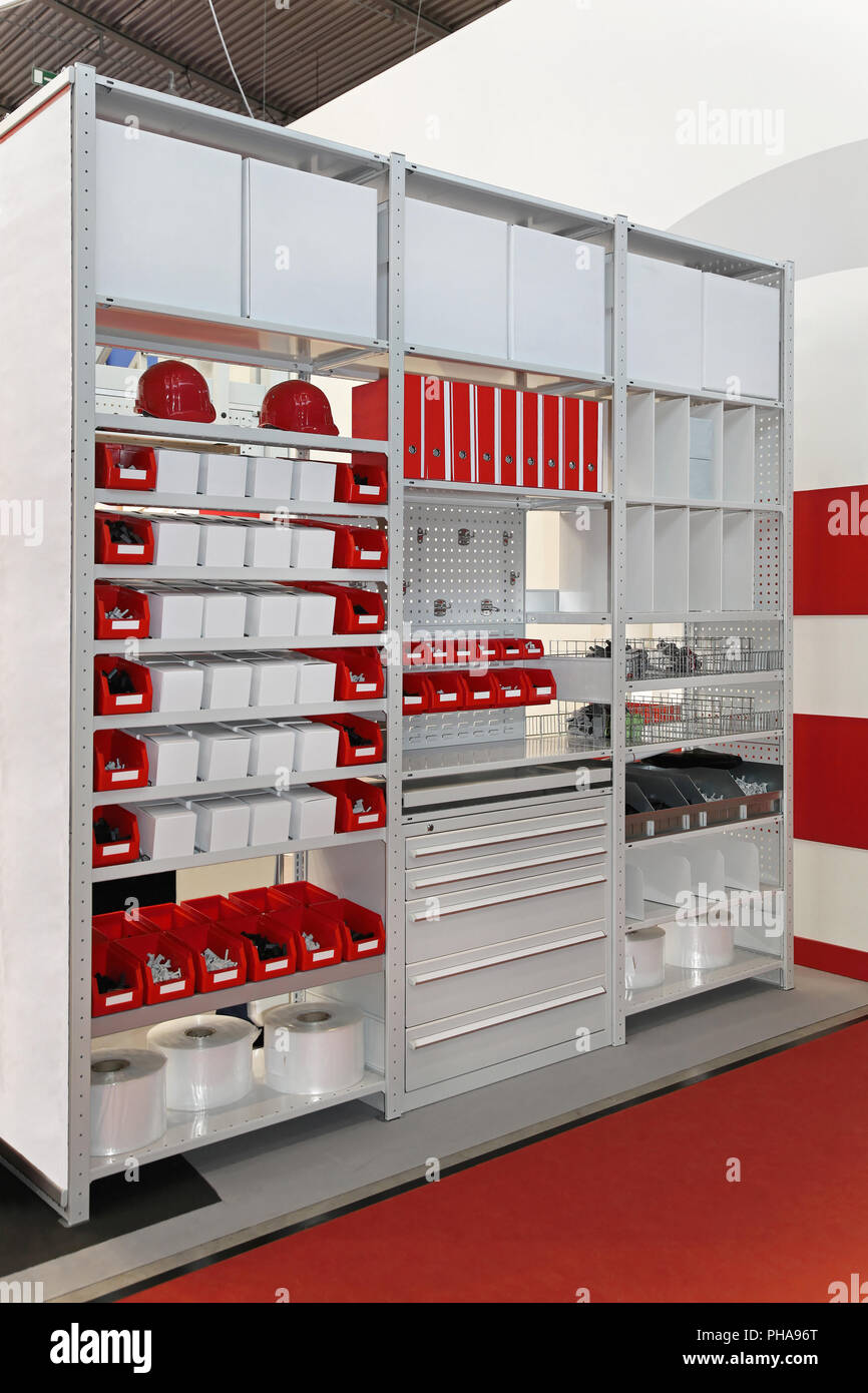 Shelving system and cabinet racks for storage organization Stock Photo ...