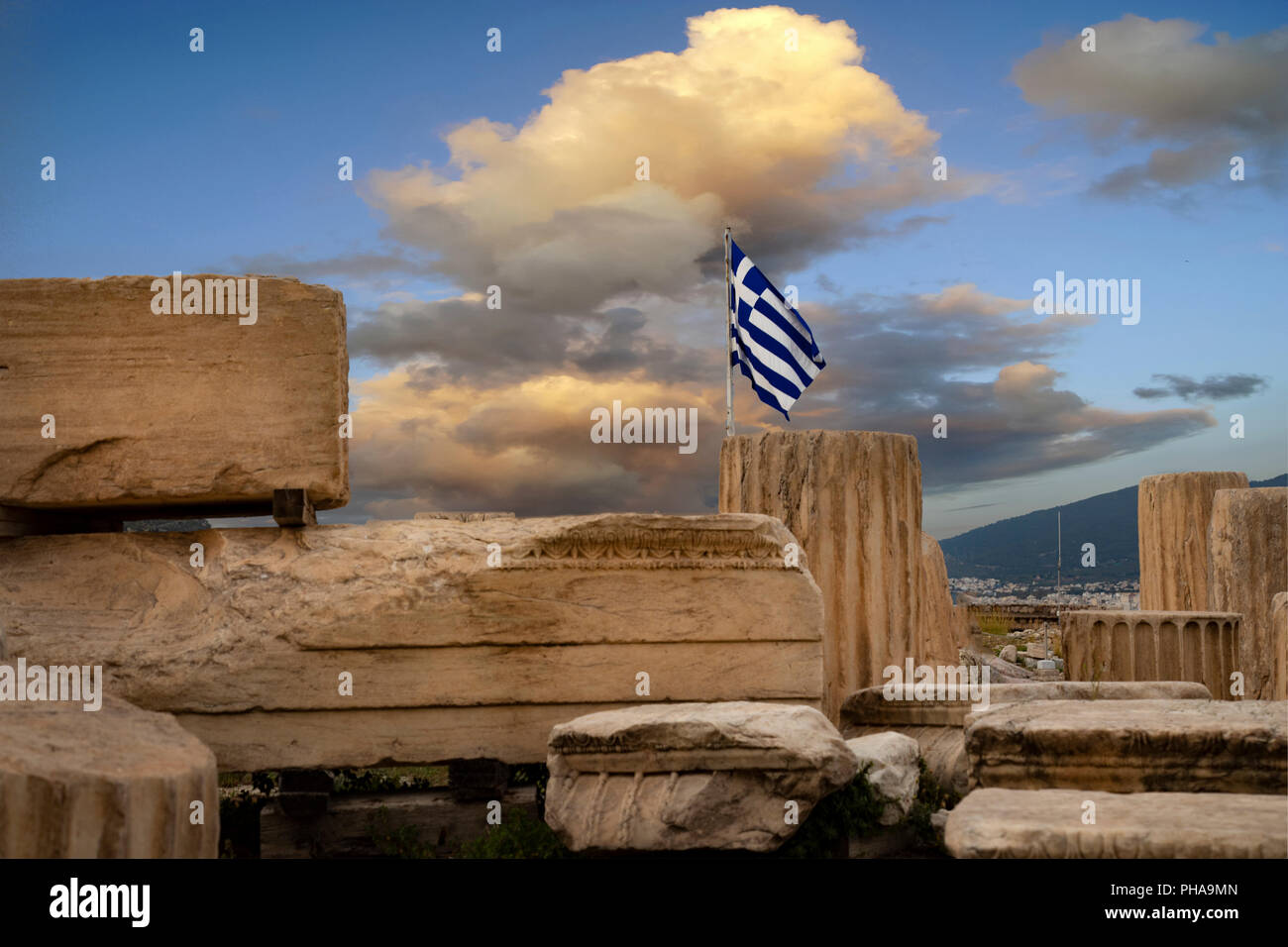 Ruins with Greek Flag flying located at The Parthenon or Temple of ...